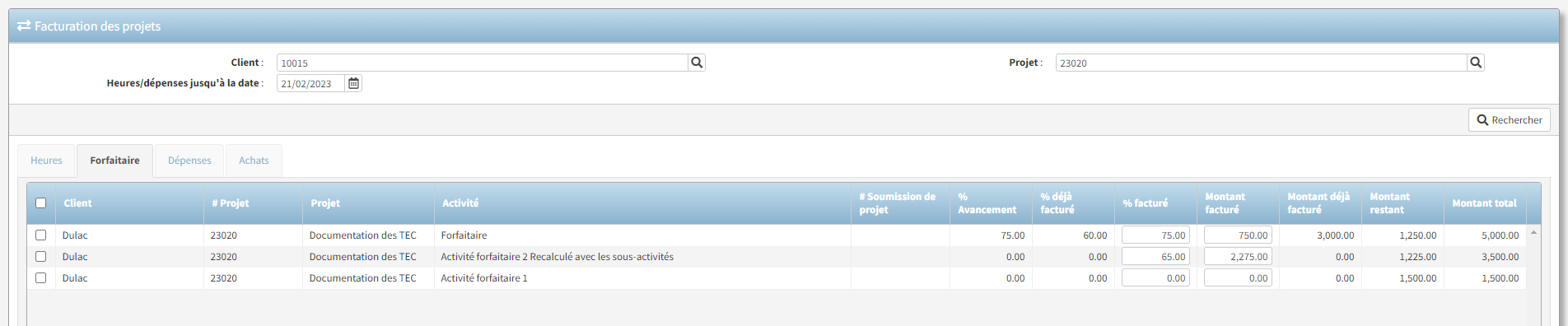 Facturation des projets - Prextra